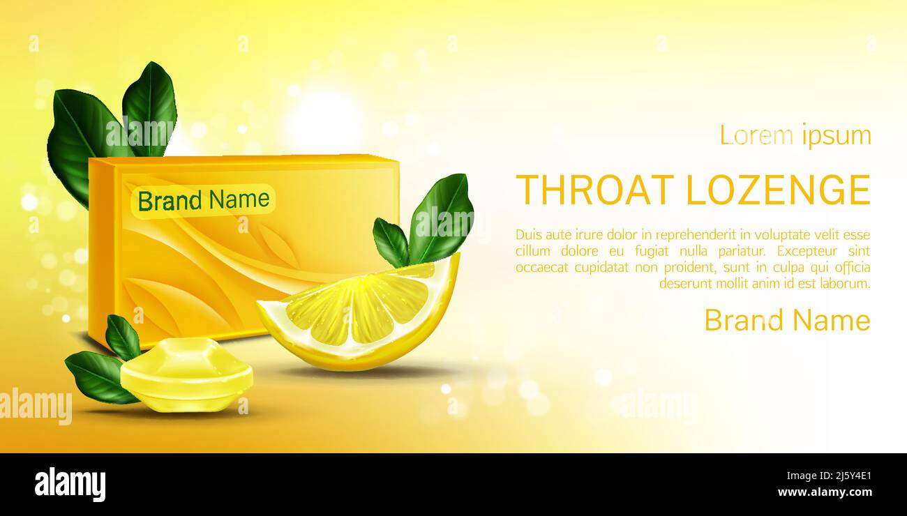 Throat lozenge, lemon cough drops mock up banner. Sore larynx pain ...