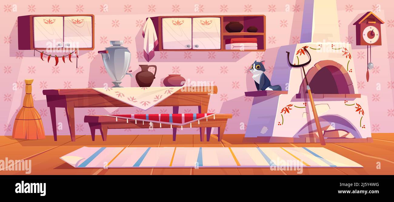 Old russian kitchen interior with traditional stove, wooden table ...