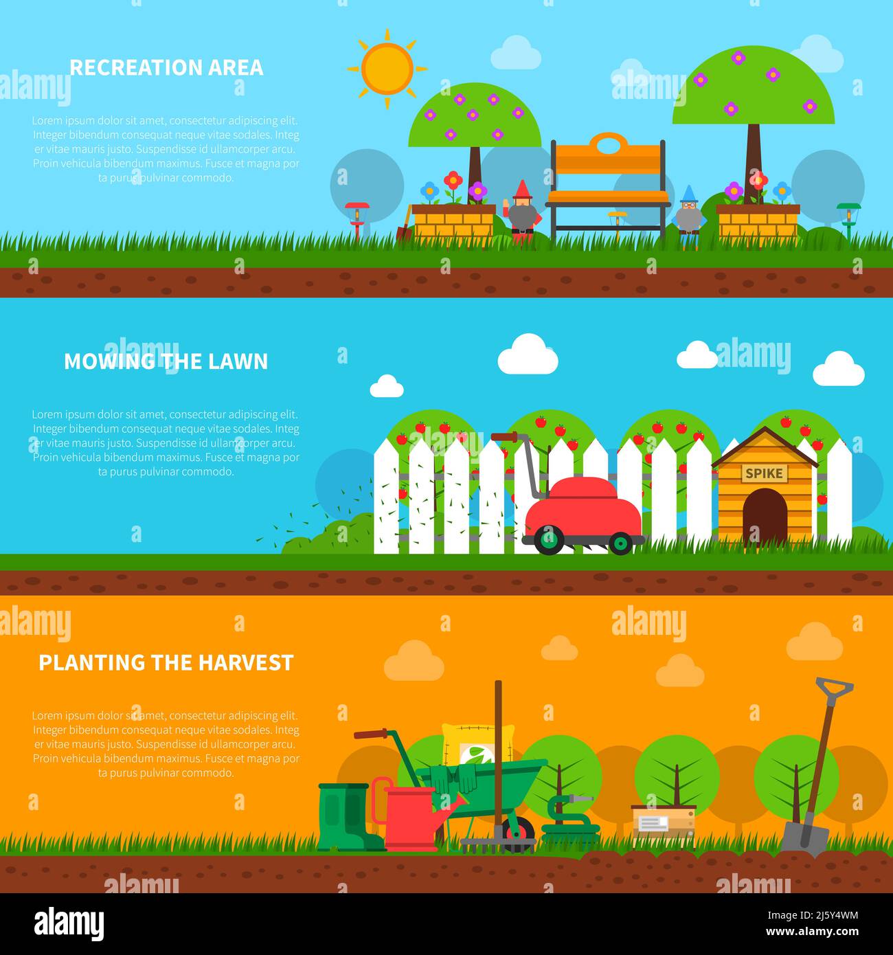 Gardening banner horizontal set with lawn moving and harvest planting ...