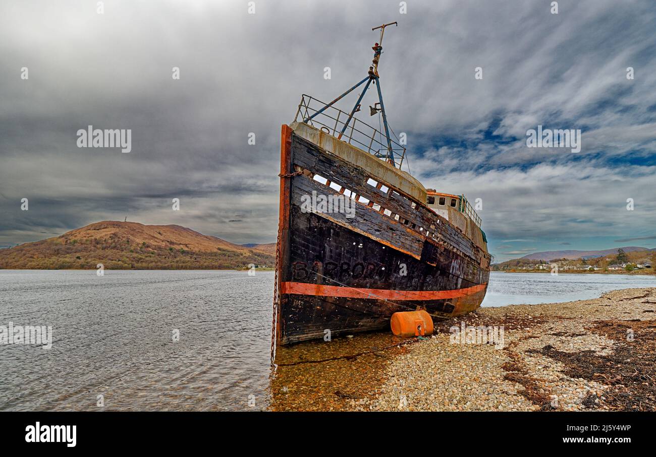FORT WILLIAM SCOTLAND CAOL PEBBLE BEACH AND THE OLD STRANDED DERELICT ...