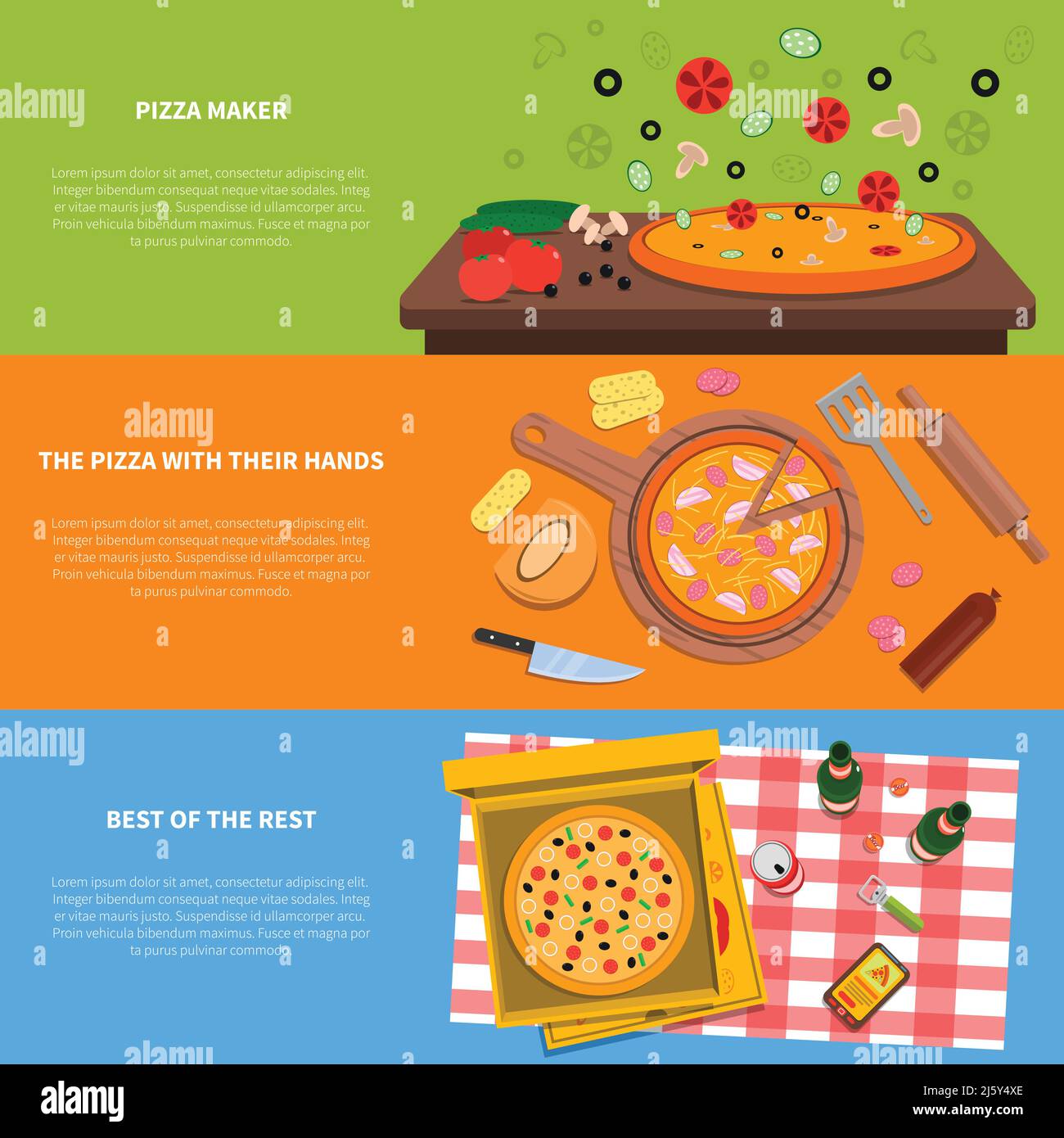 Pizza horizontal banner set with cooking process and ingredients flat ...