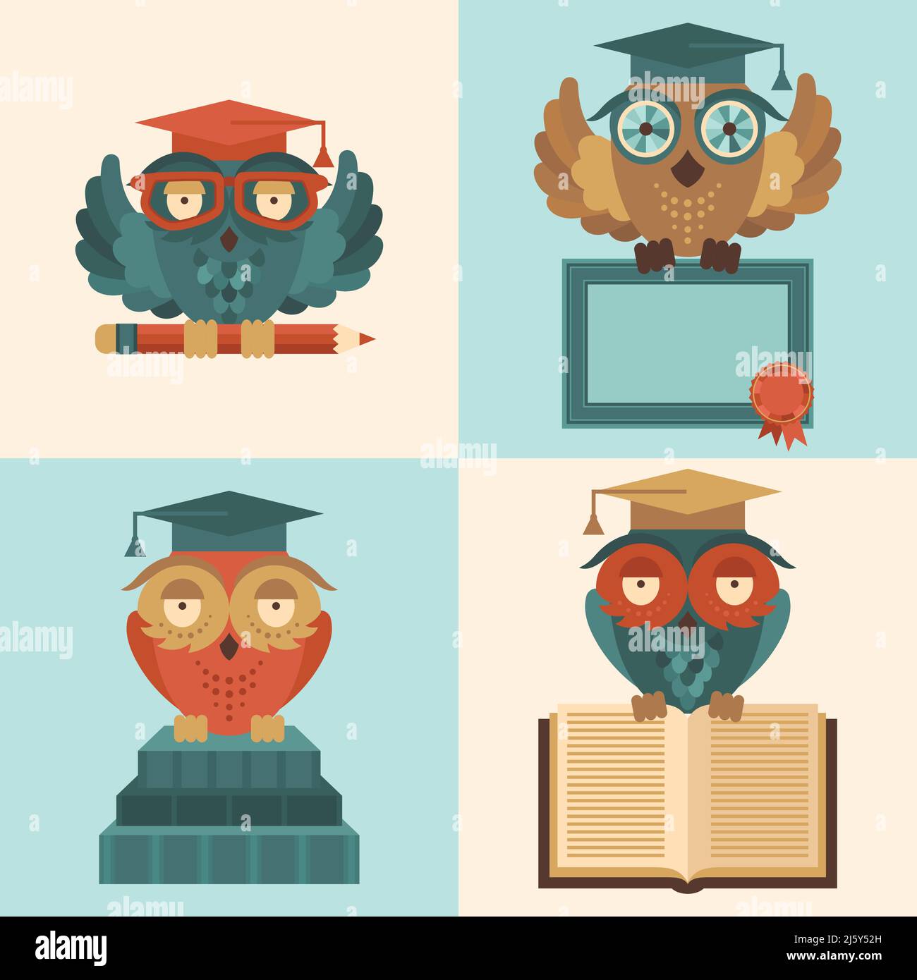Flat colored owl in graduation caps with books and diploma silhouette ...