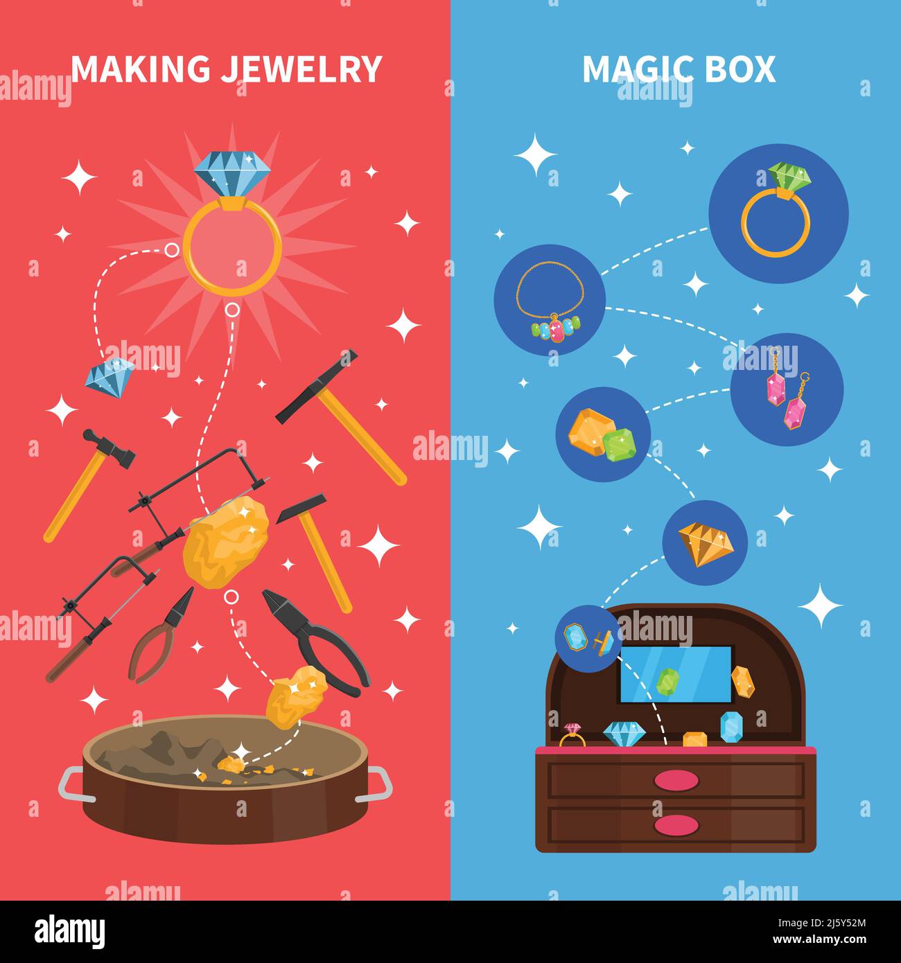 Making jewelry vertical banners set with magic jewel box flat isolated ...