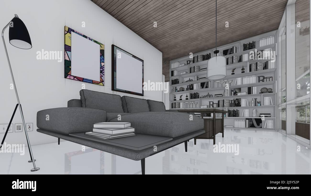 empty wall art painting in the living room with book case and sofa ...