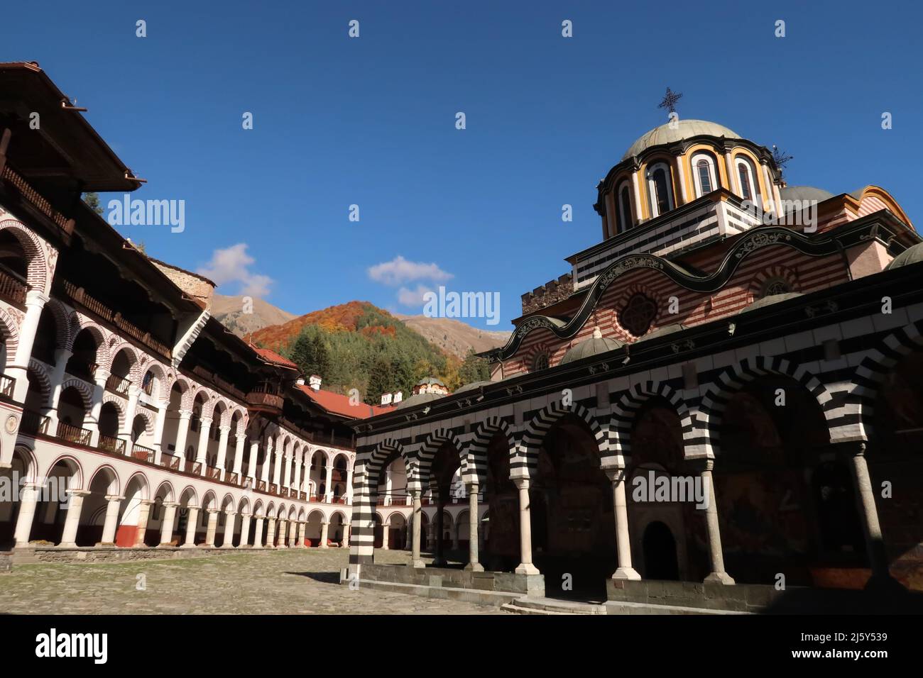 Inside Rila Monastery, the famous Main Church in the front and the ...