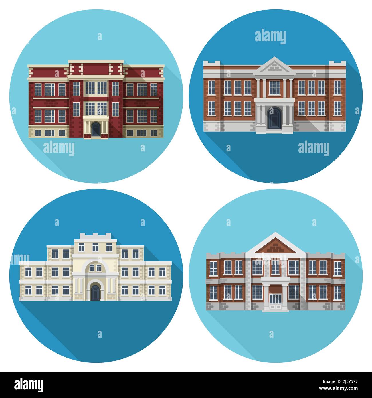 High and primary school building flat icons set isolated vector ...