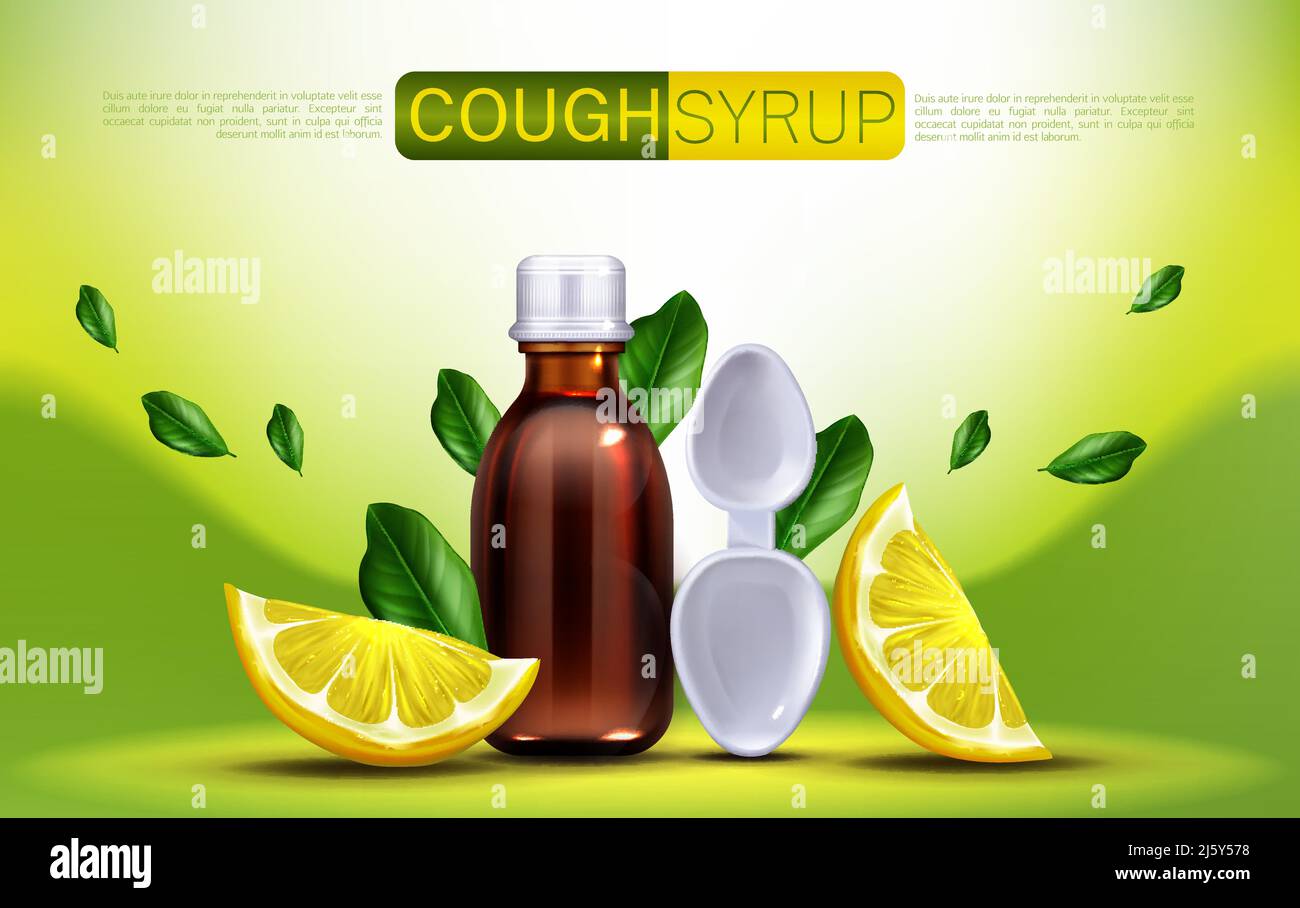Cough syrup with lemon flavour banner mock up. Brown glass blank bottle ...