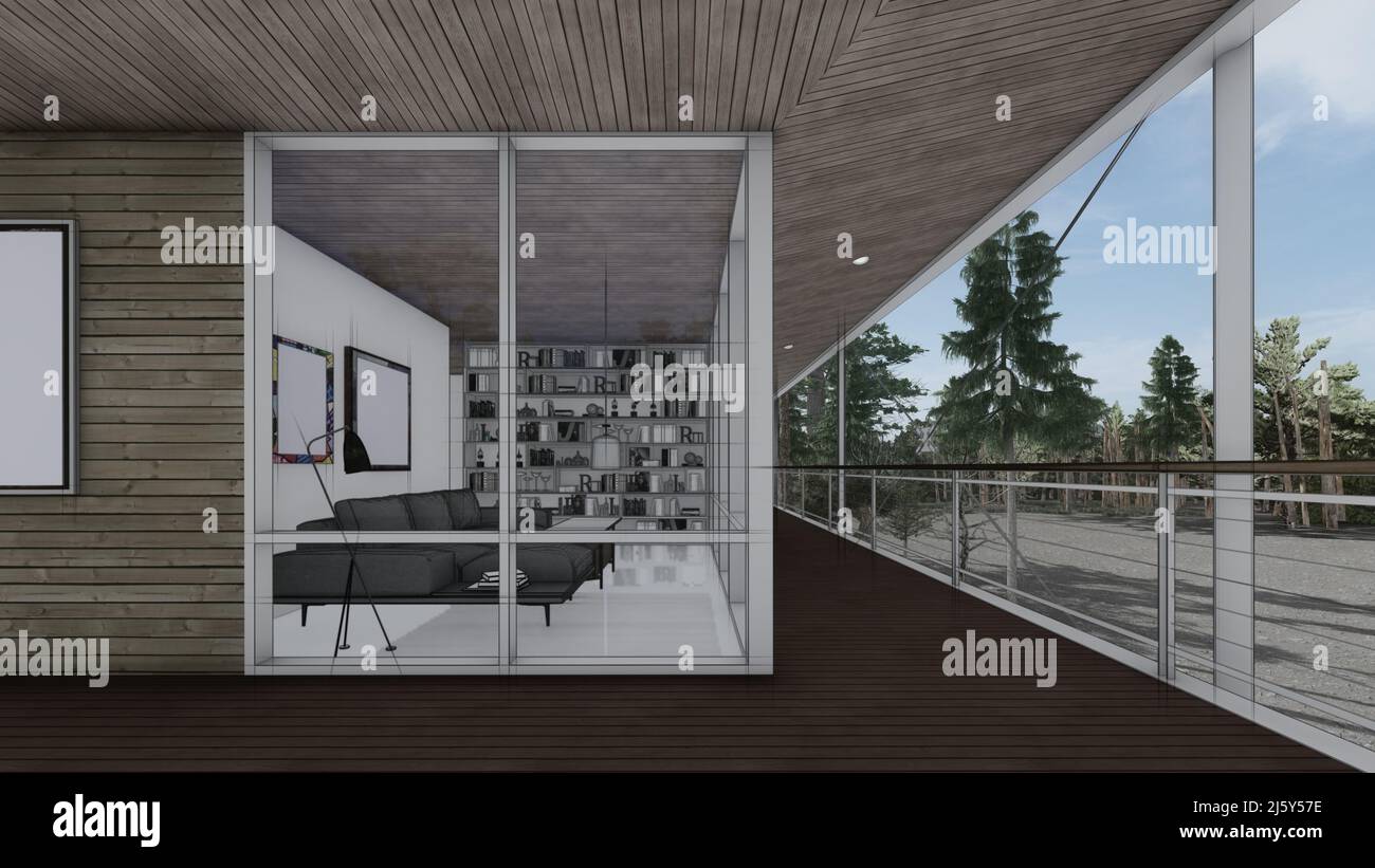 transparent glass window in rectangle frame architecture sketch 3d ...