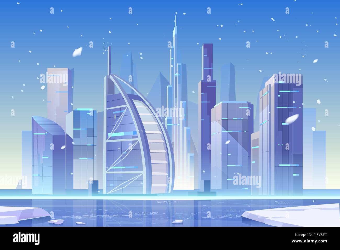 Winter city skyline at frozen waterfront bay. Futuristic metropolis ...
