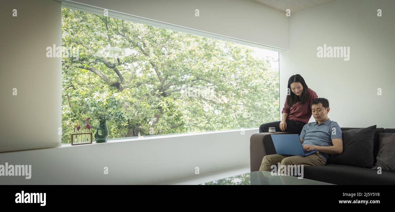 Couple using laptop on sofa in modern living room Stock Photo - Alamy