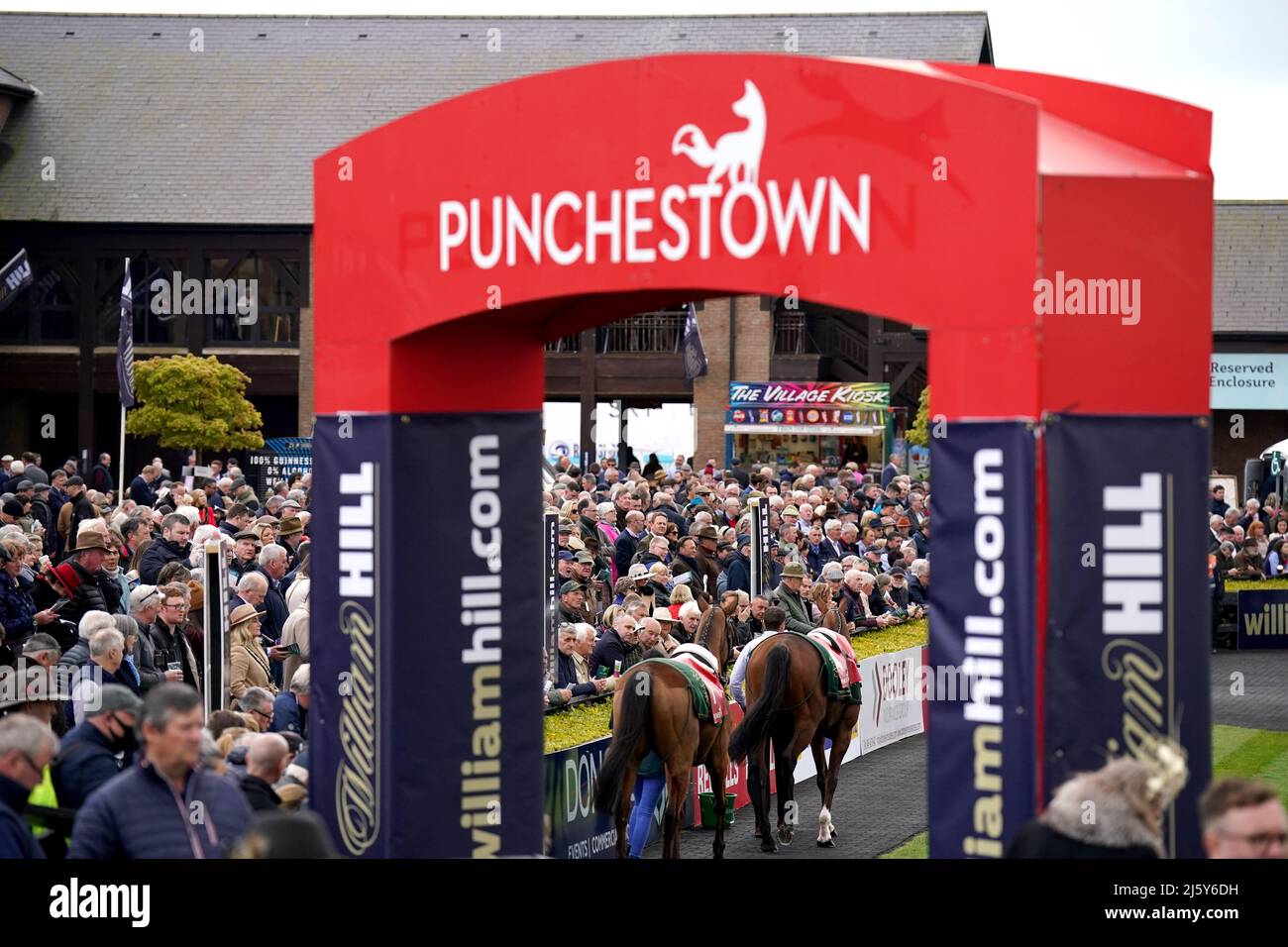 Racegoers watch horses in the parade ring on day one of the Punchestown ...