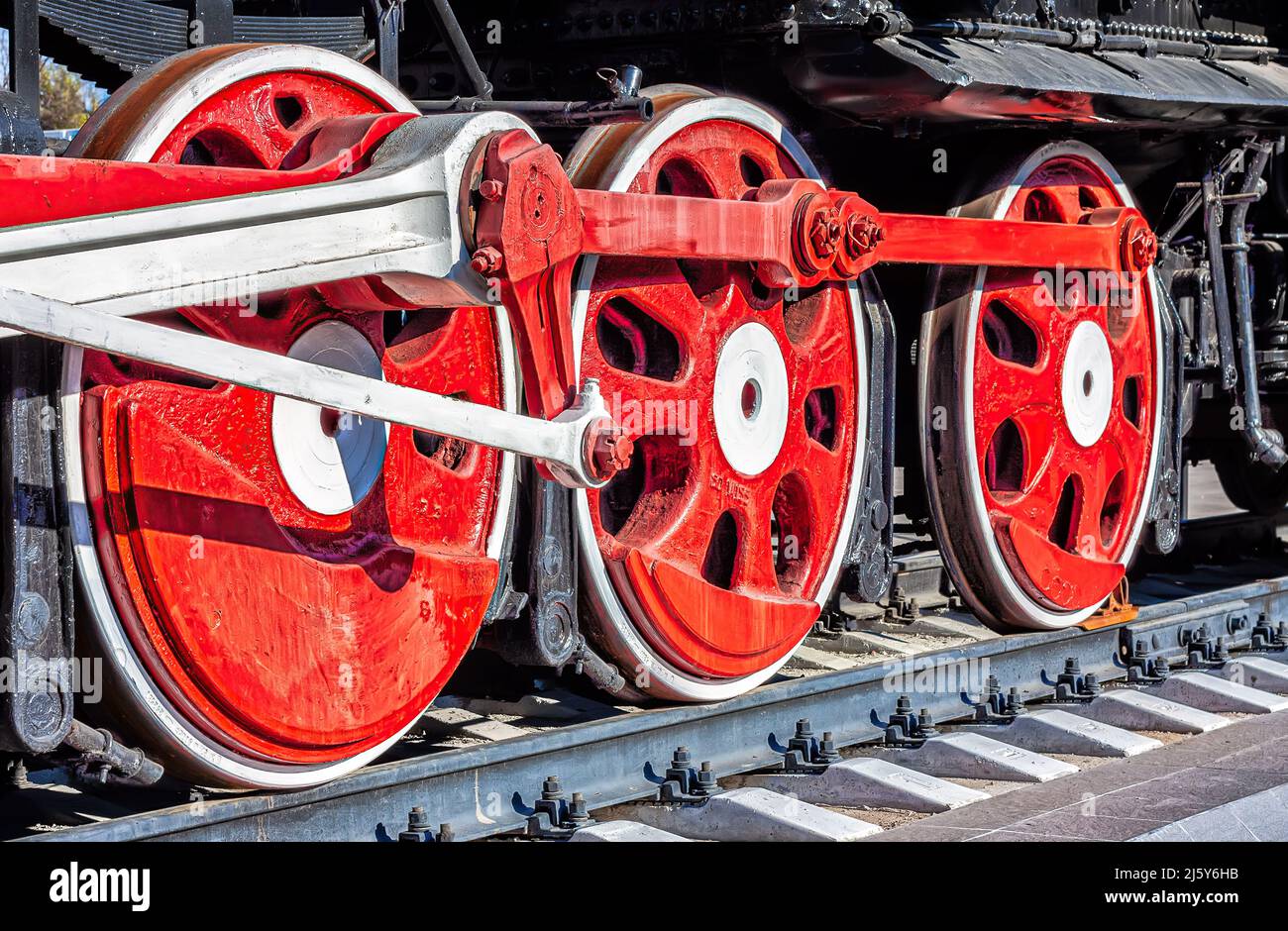 Old steam locomotive engine wheel and rods details close up Stock Photo ...