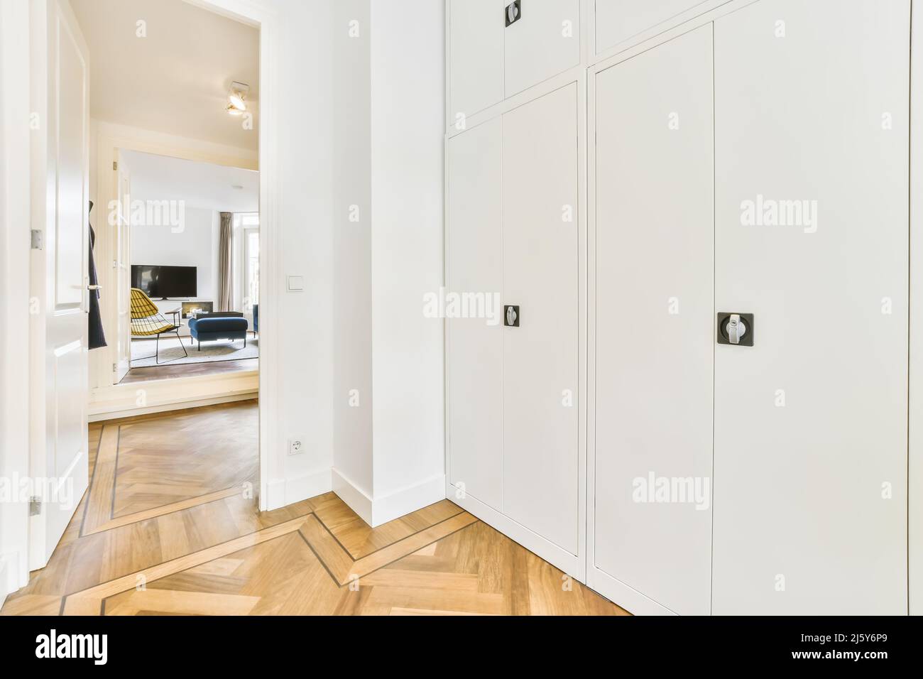 White closed with closed doors placed in opened room leading to living ...
