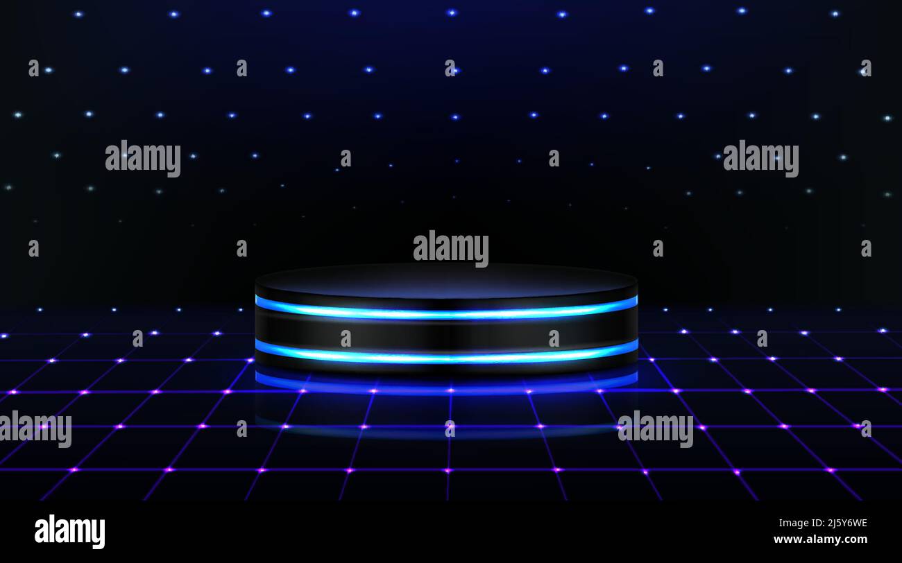 Neon podium. Empty stage in nightclub, dance floor with pedestal and ...