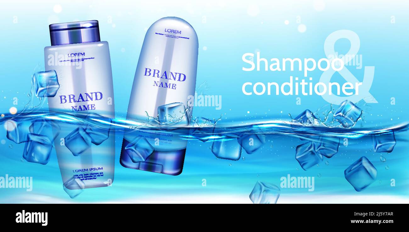 Shampoo and conditioner cosmetic bottles floating in water with ice ...