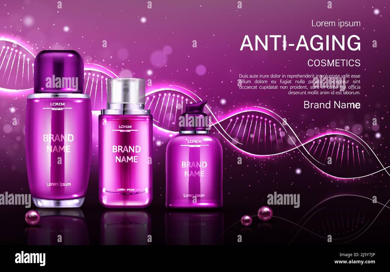 Anti aging cosmetics line bottles mock up banner with dna structure ...