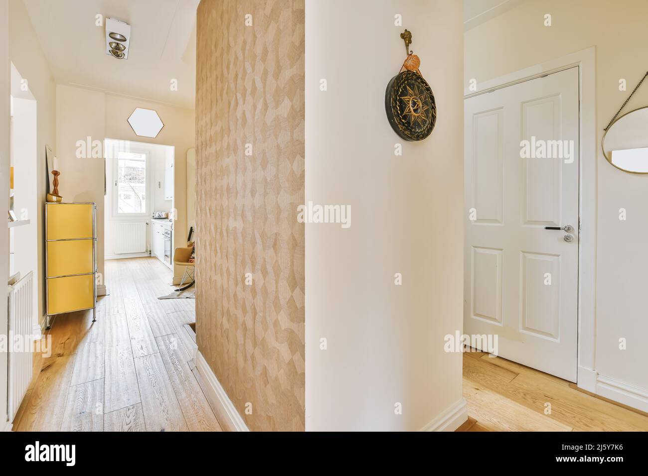 Closed room door near wall with mirror in spacious light corridor of ...