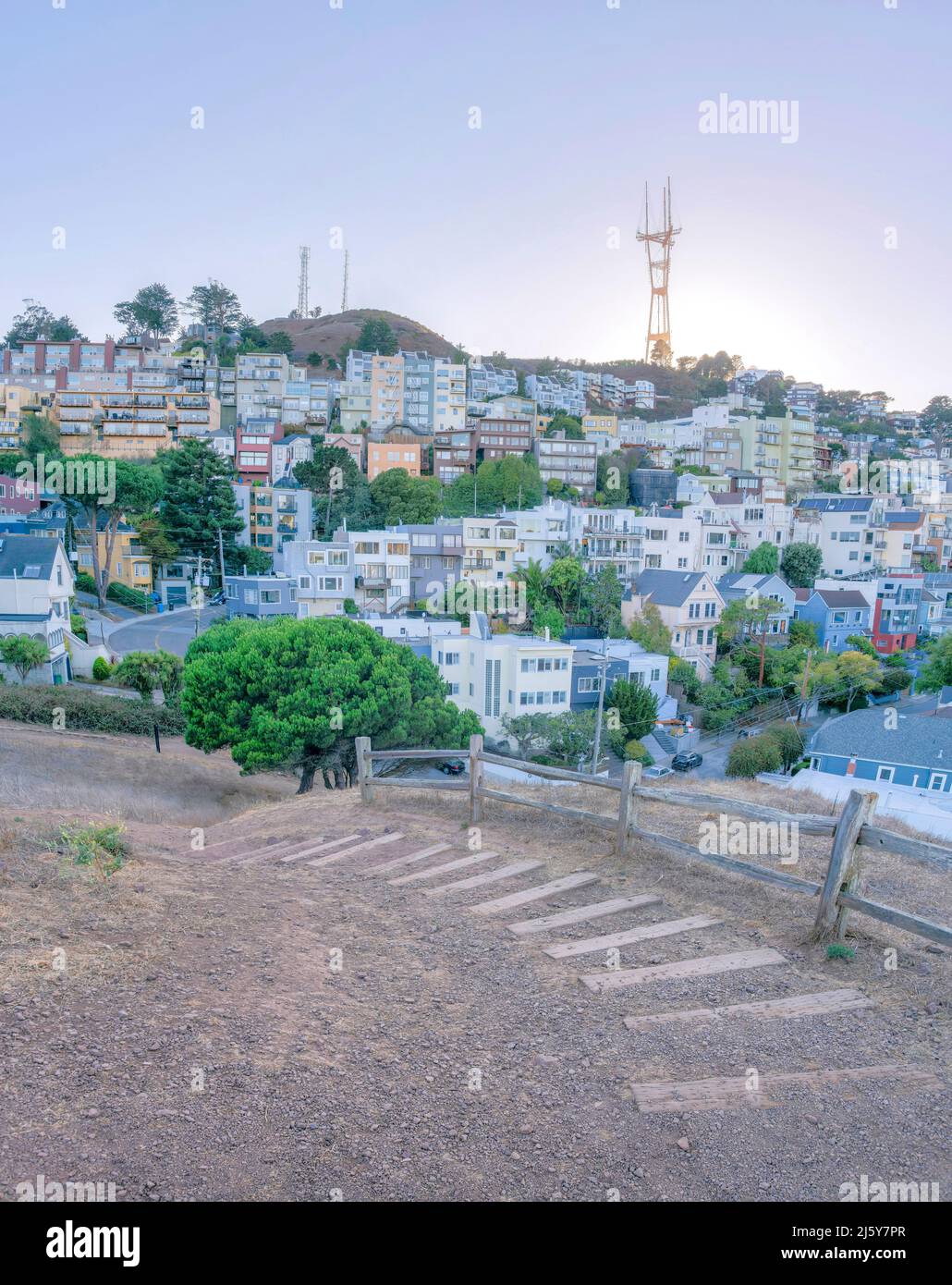 View of the Sutro tower from a hill at San Francisco bay area in ...