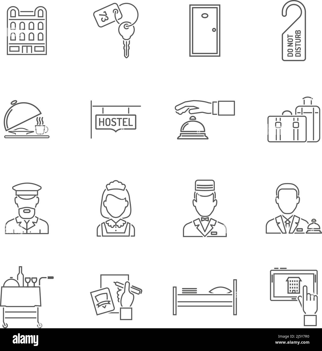Hotel icons line set with tourism staff isolated vector illustration ...