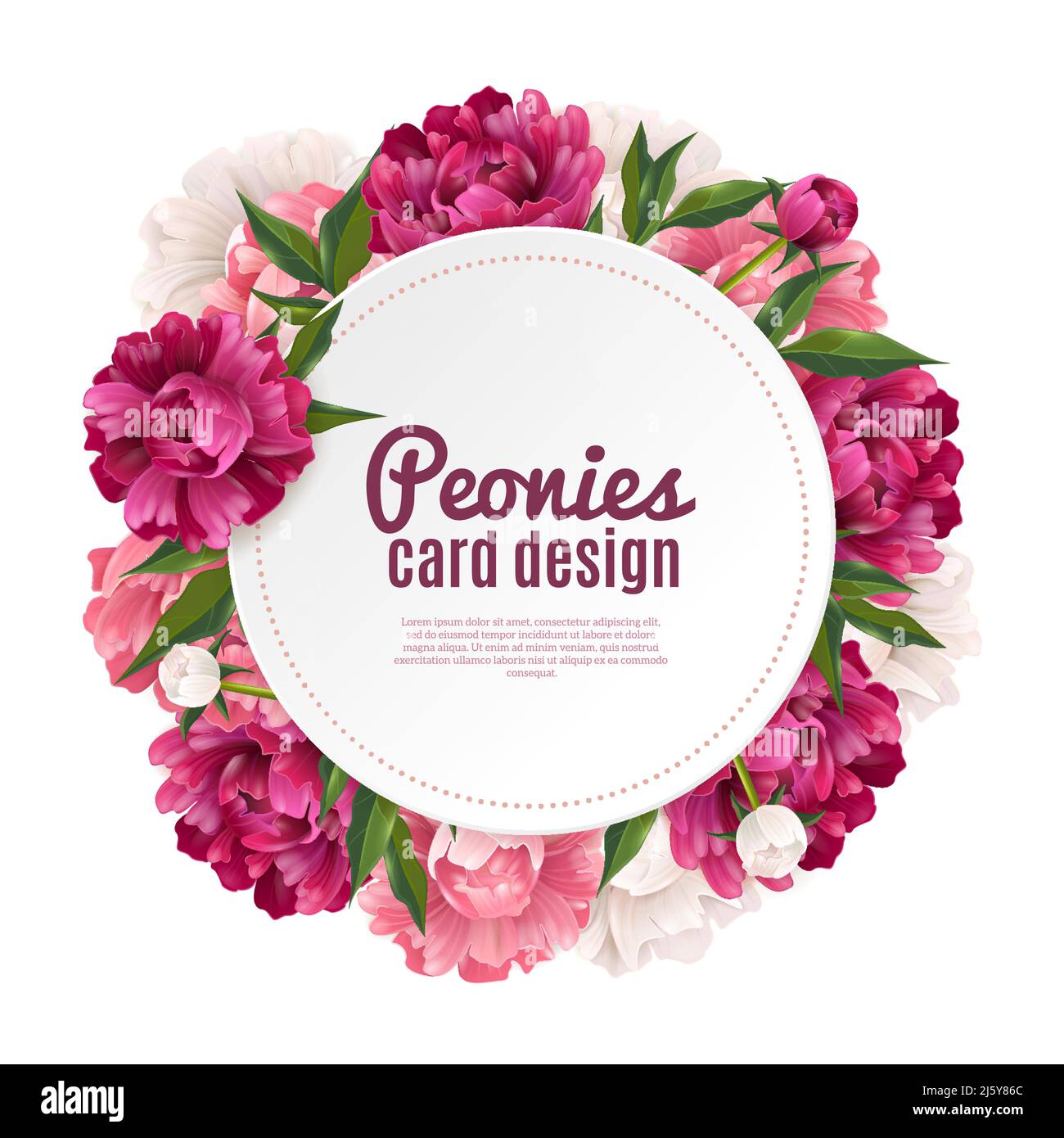 Peony round frame card design for greeting or invitation realistic ...