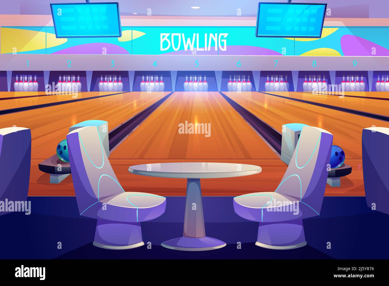 Bowling club interior with tables and armchairs stand near alleys with ...