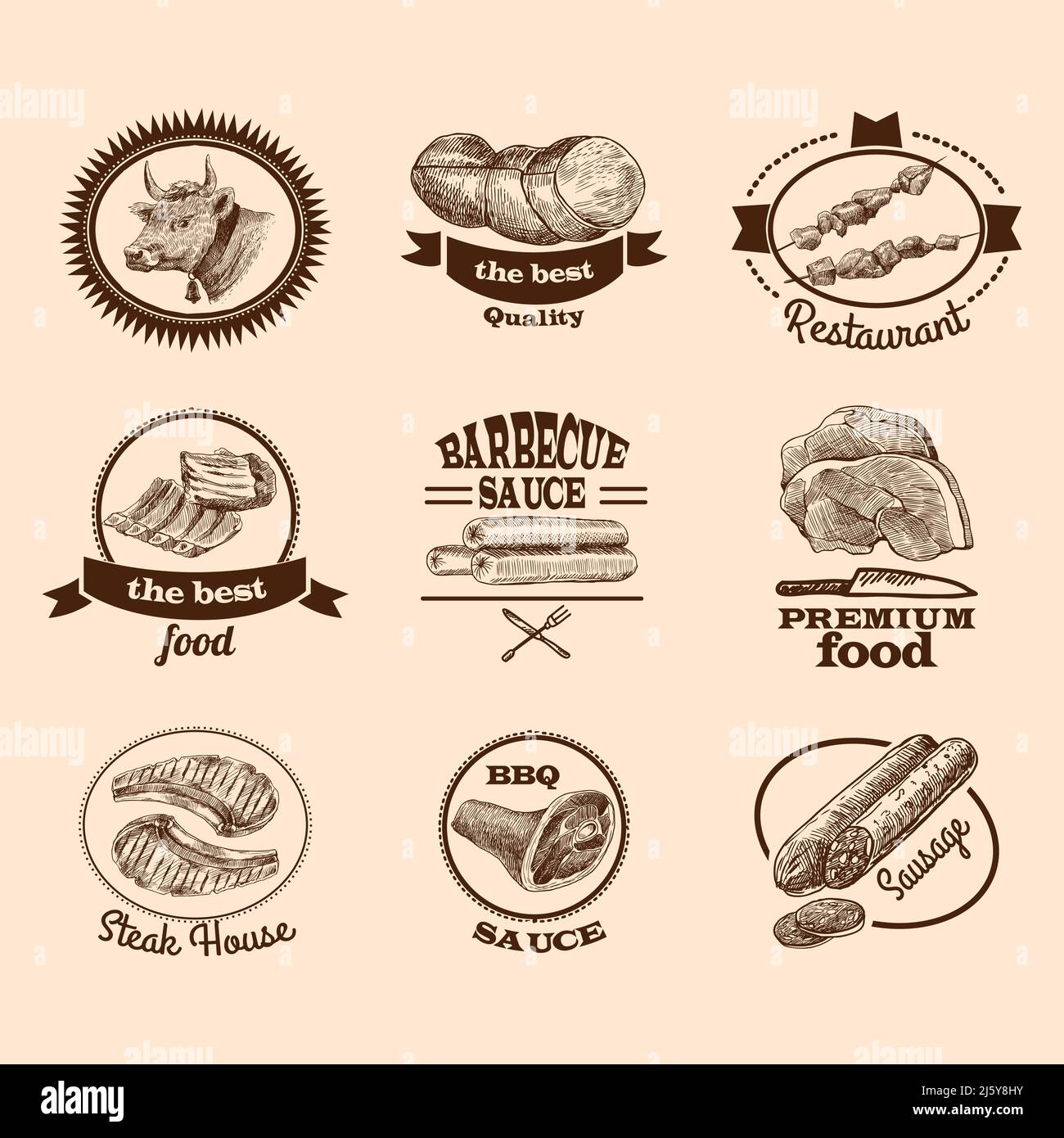 Meat food best quality premium steak decorative labels sketch set ...