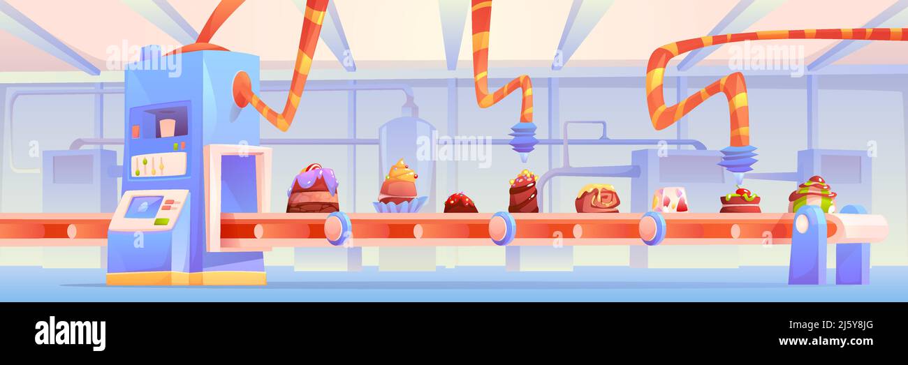 Candy factory, chocolate production line. Sweet desserts, bakery and ...