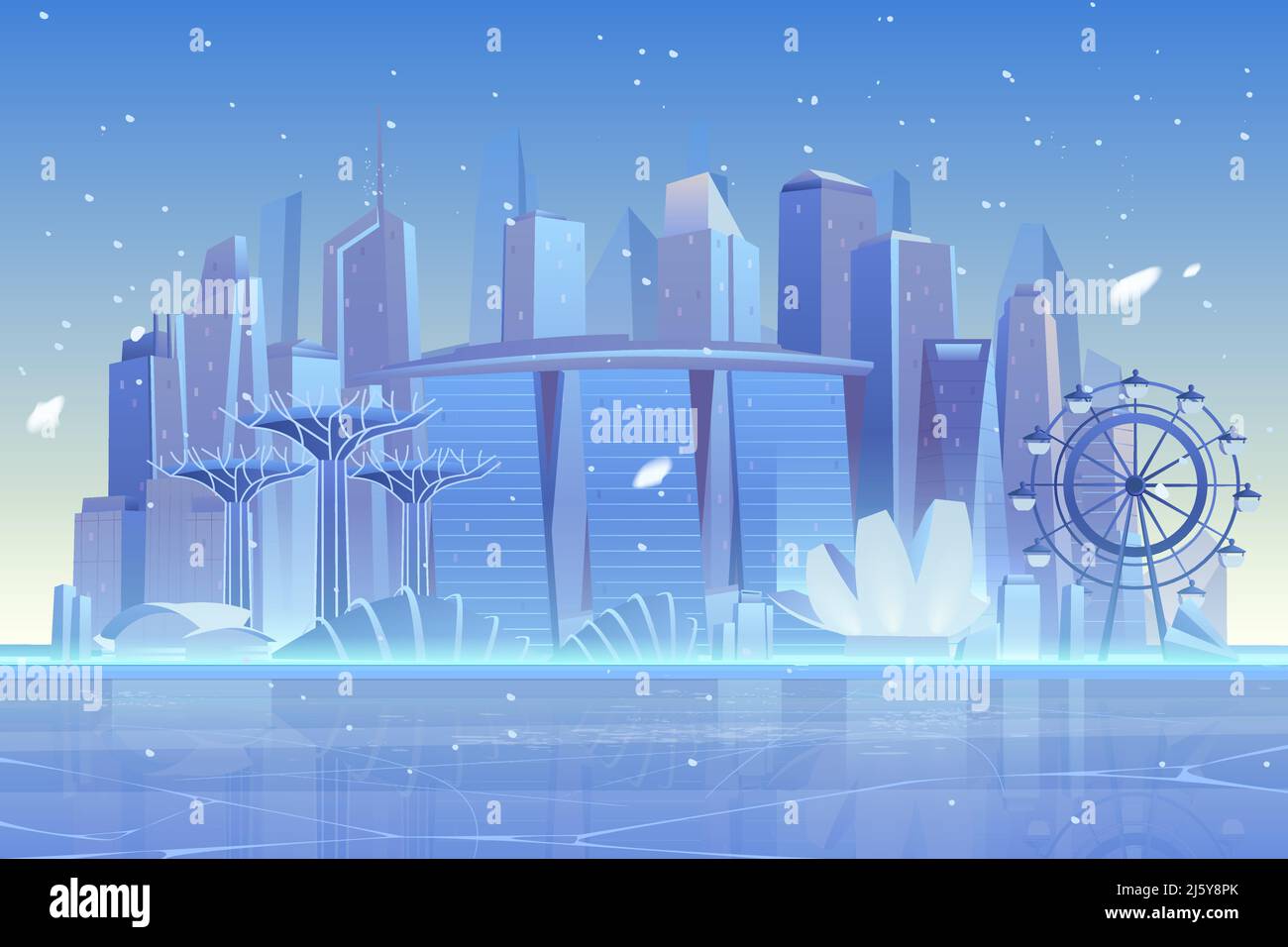 Winter city skyline at frozen waterfront bay. Futuristic metropolis ...