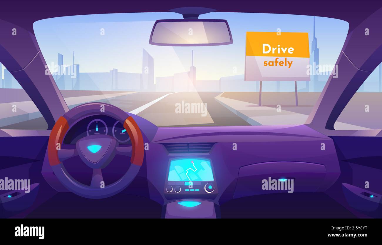 Car interior inside with gps on dashboard and day time view through ...