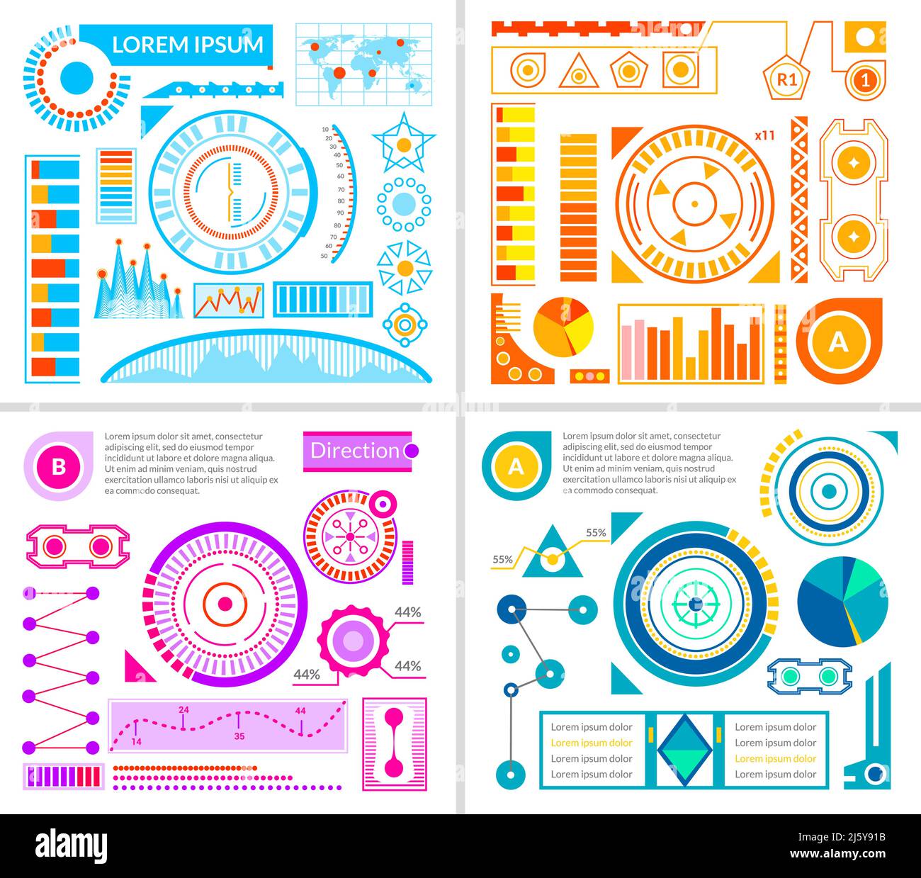 Hud interface designs set with blue violet and orange templates flat ...