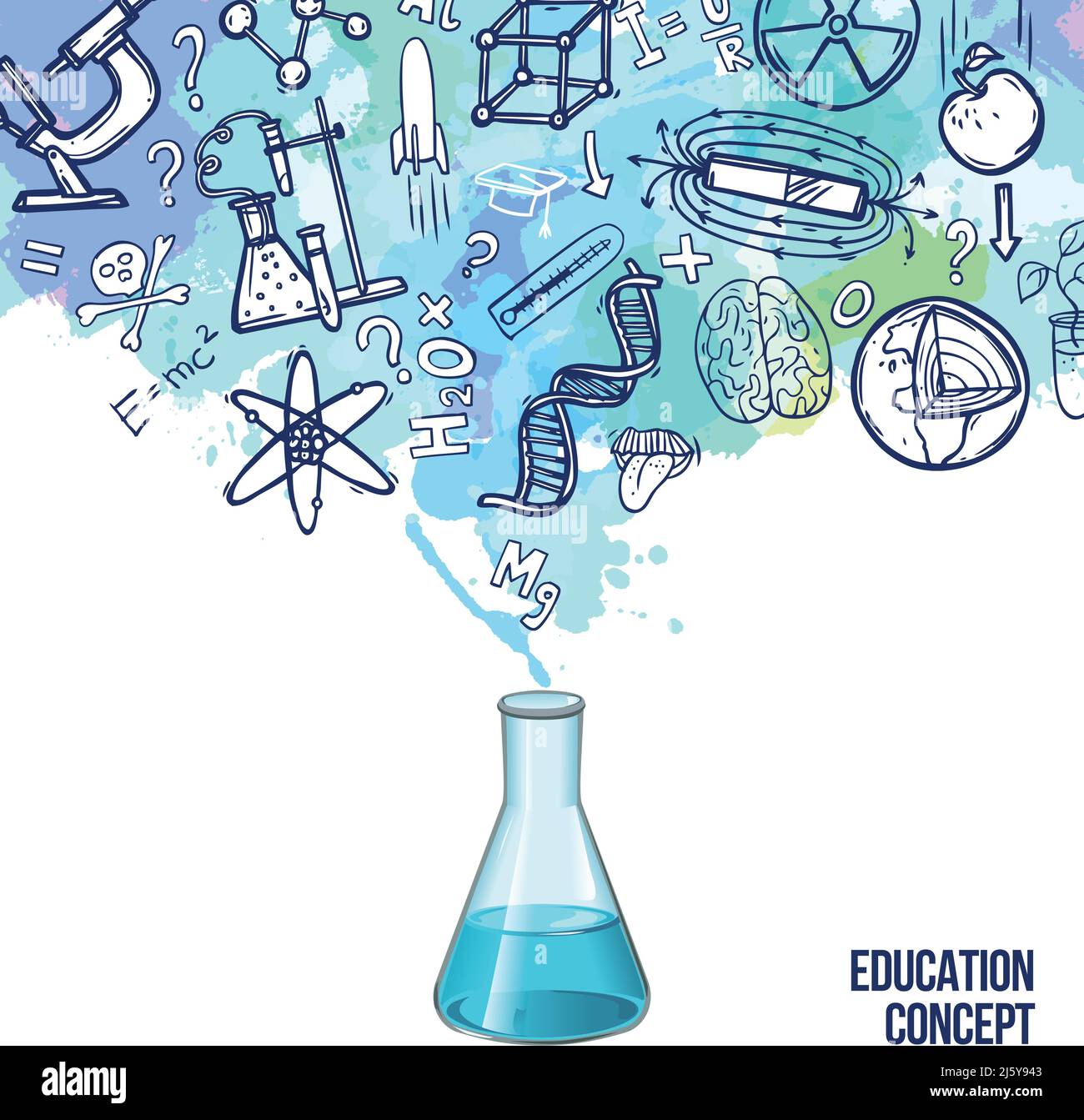 Education concept with realistic lab flask and sketch science symbols ...
