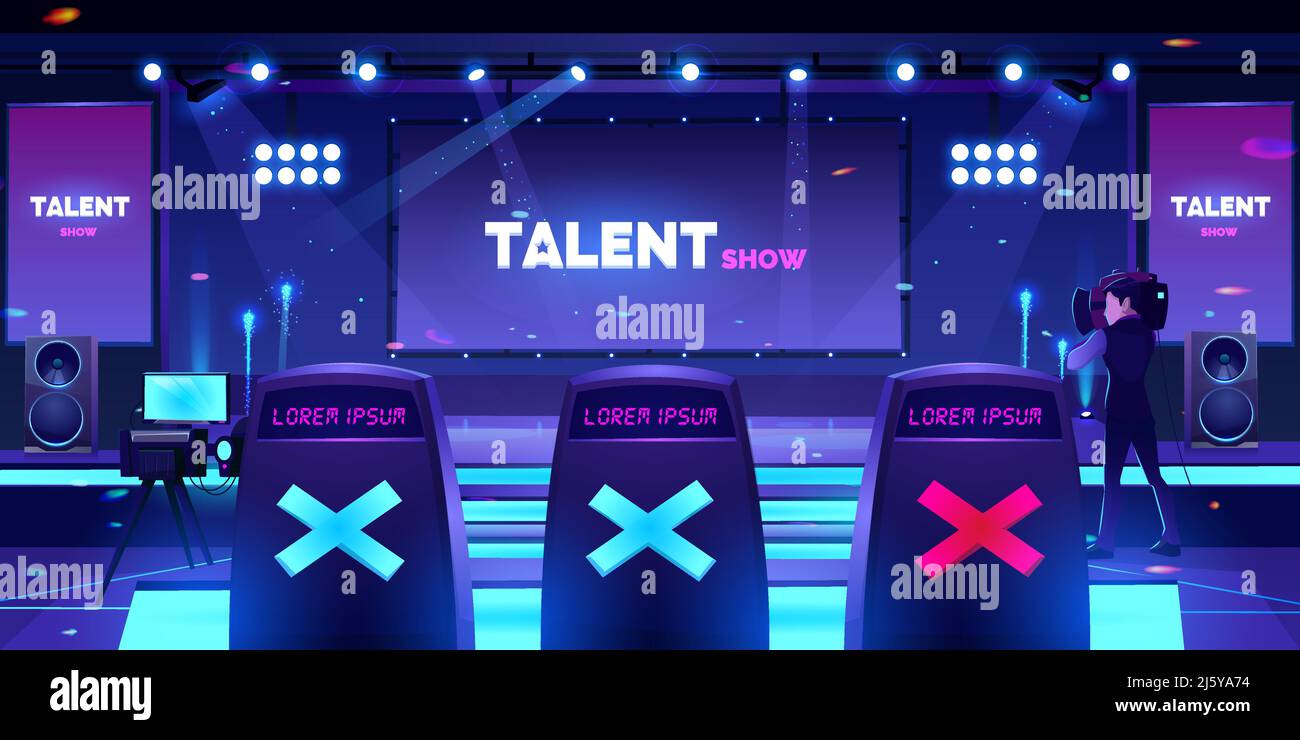 Talent show stage with jury chairs rear view, empty scene with neon ...