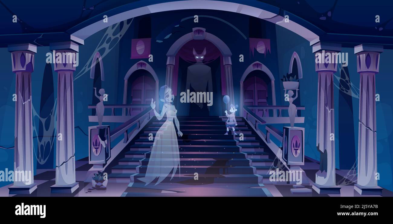 Old castle with ghosts flying in dark scary room with staircase ...
