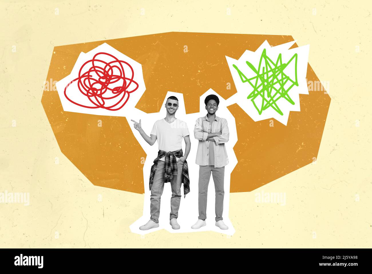 Magazine surreal poster of two people point sketch messy lines concept ...