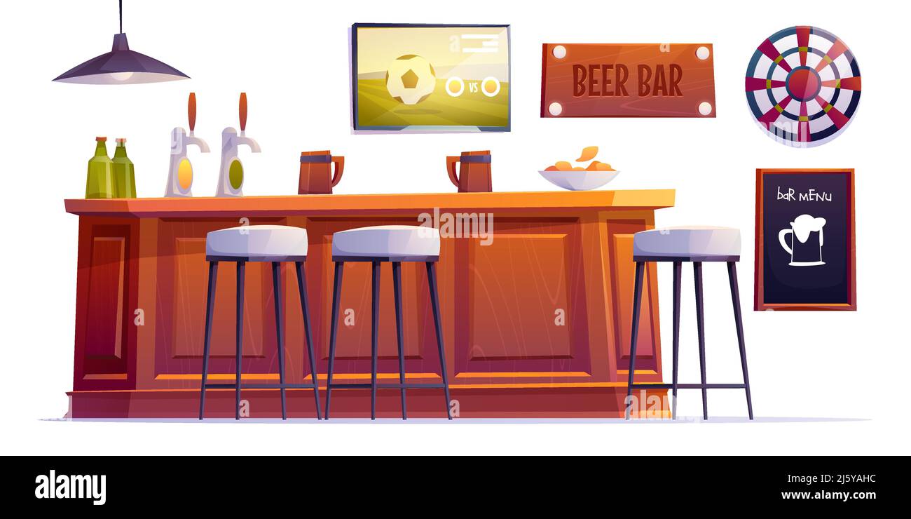 Beer bar stuff, pub desk with bottles and cups, high stools, drinks ...