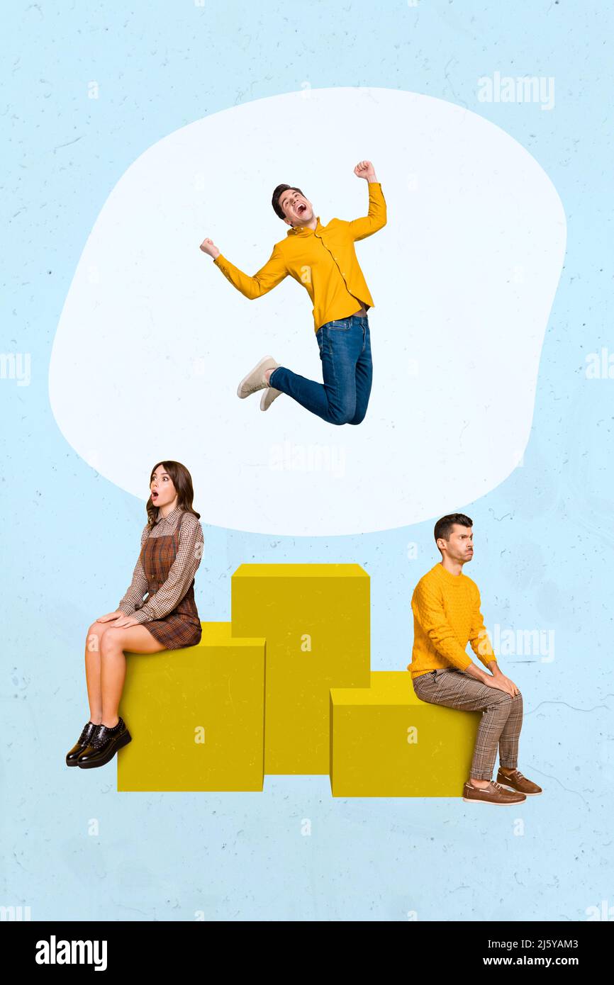 Vertical view of collage of three people guy jumping achieving isolated ...