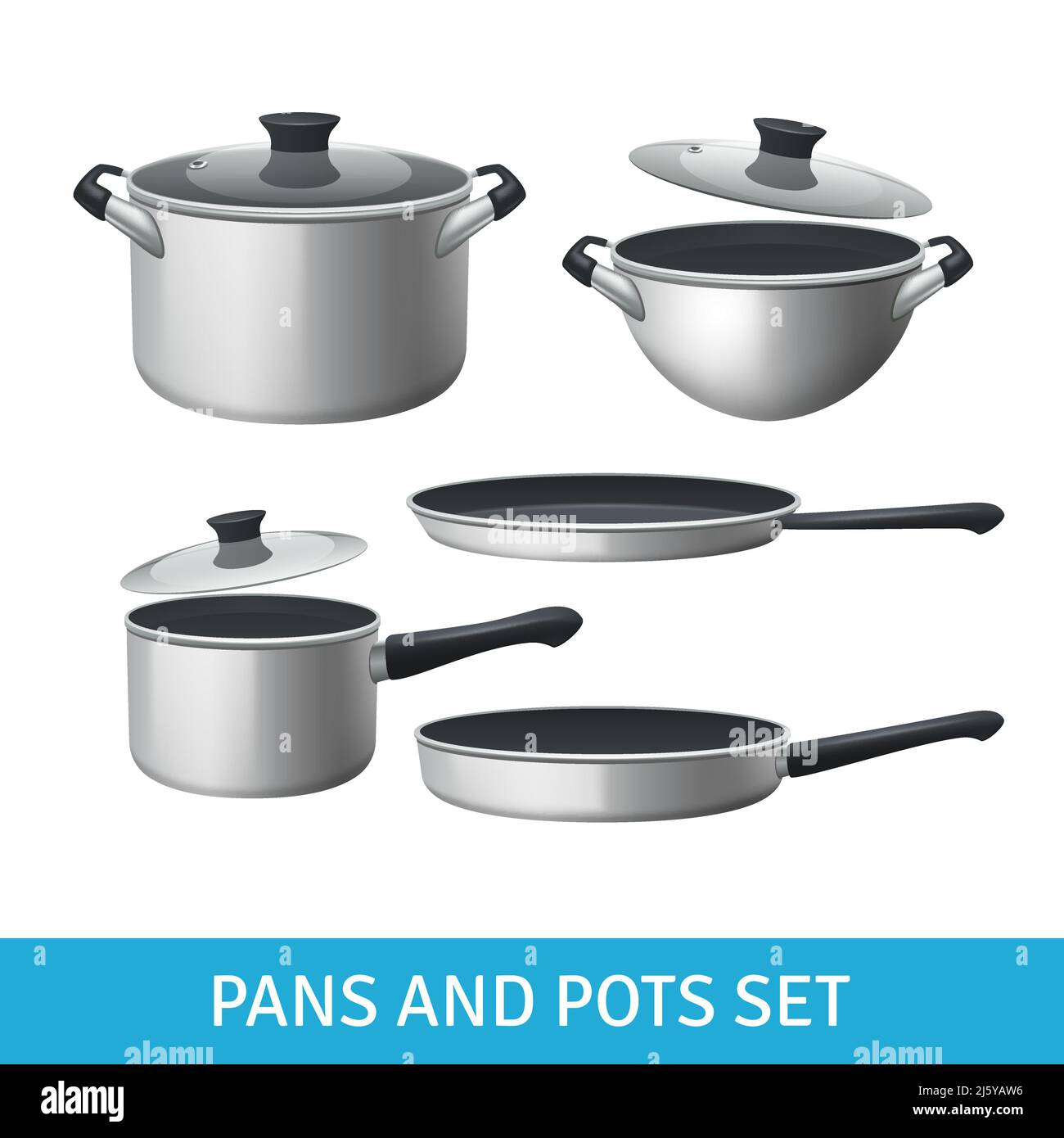 Pans and pots realistic set with frying pan saucepan and bowl isolated ...