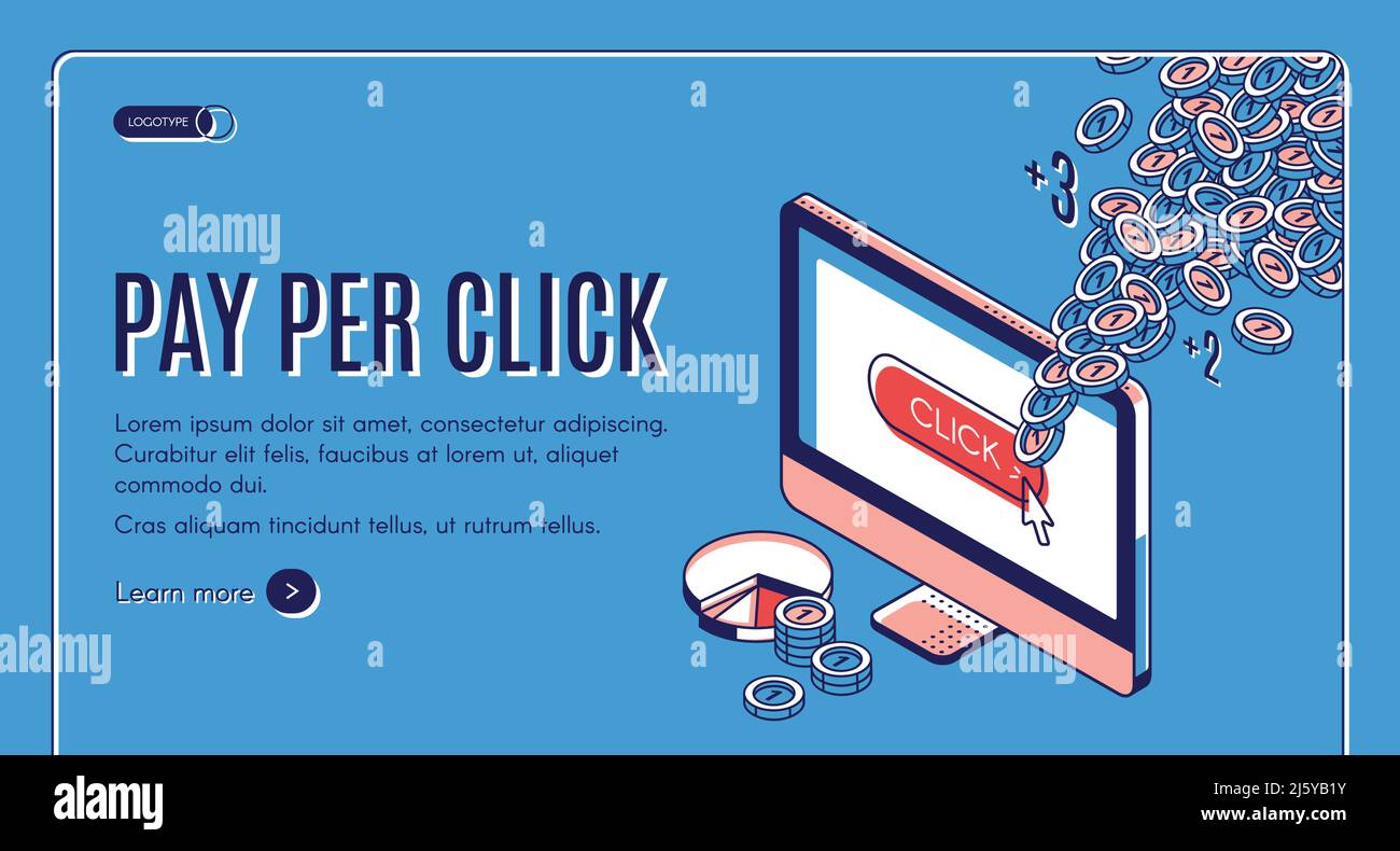 Pay per click isometric landing page. Ppc marketing strategy, mouse cursor push button on site ...