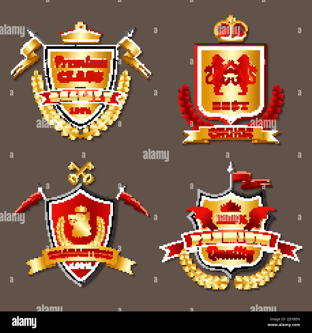Heraldic premium class realistic emblems set with shields isolated ...