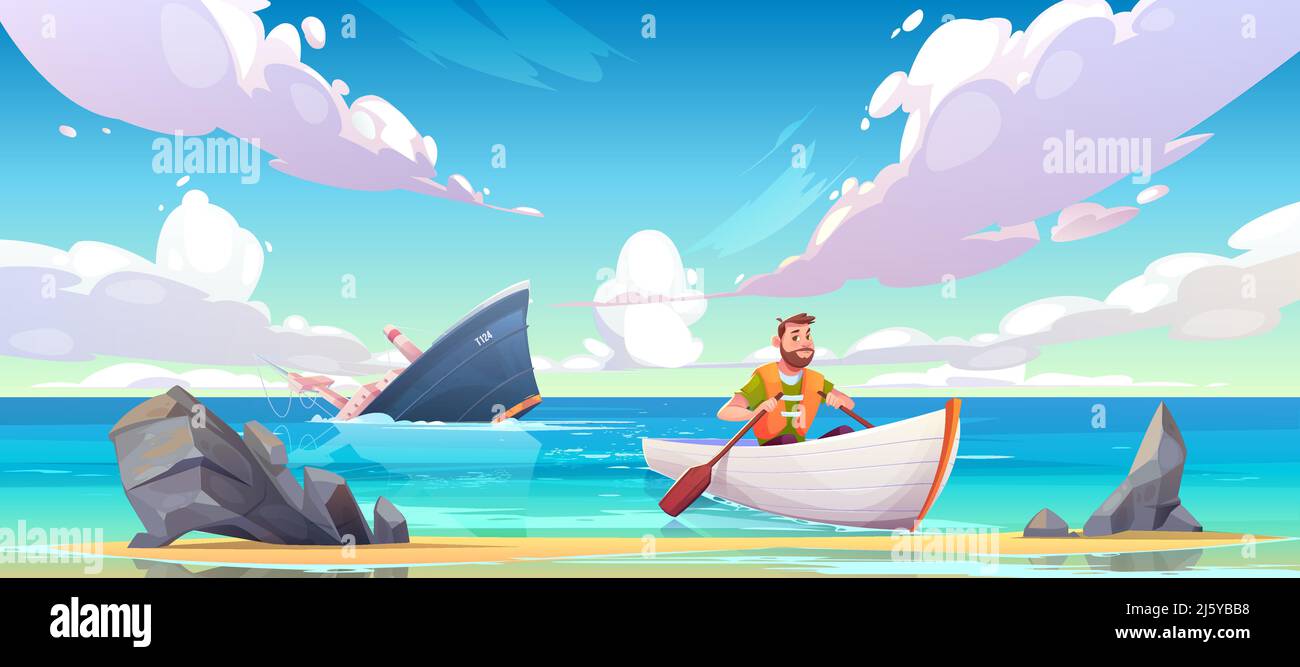 Man escaping from sinking ship after shipwreck accident, vessel run ...