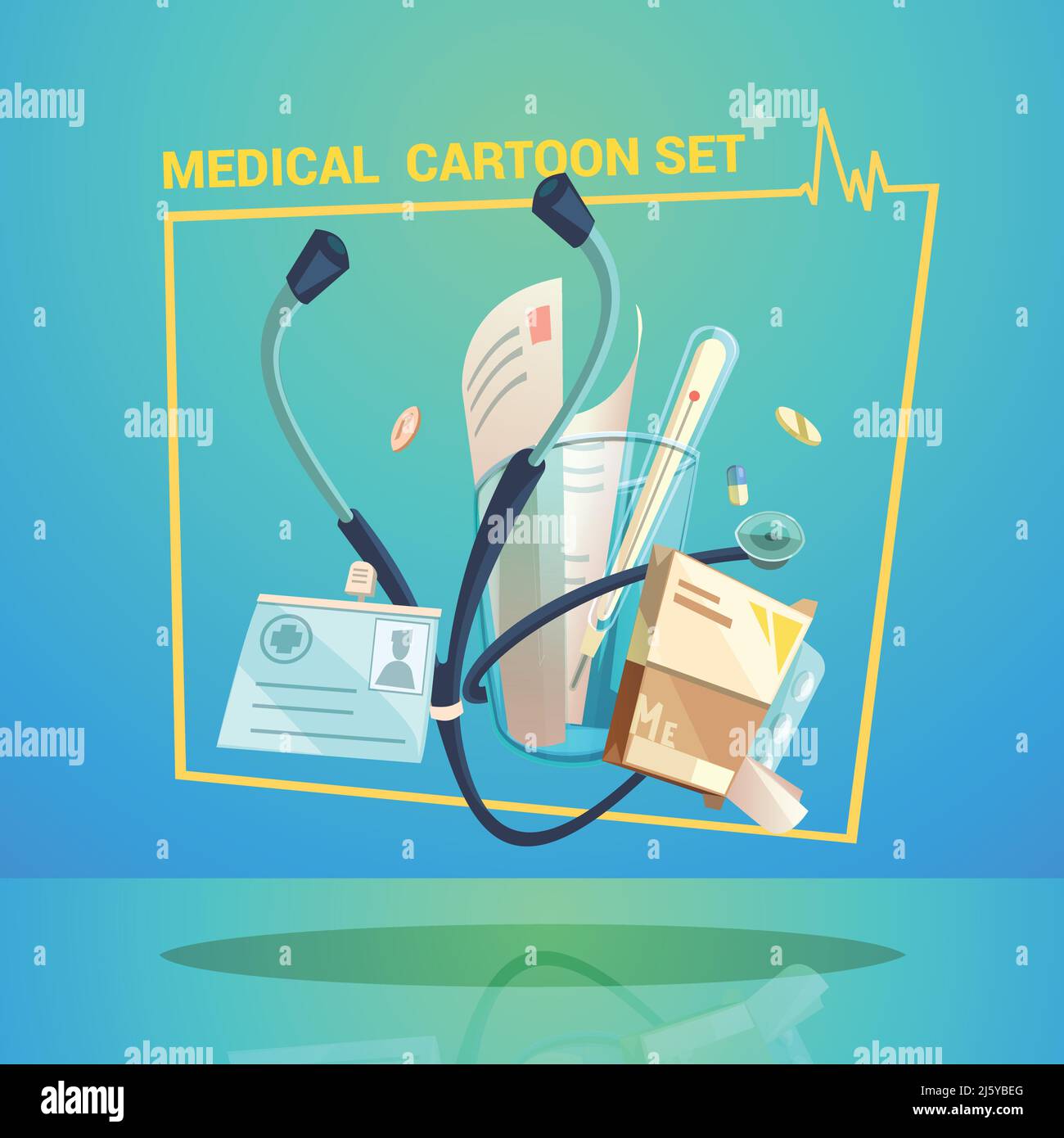 Medical objects set with thermometer pills and stethoscope cartoon ...