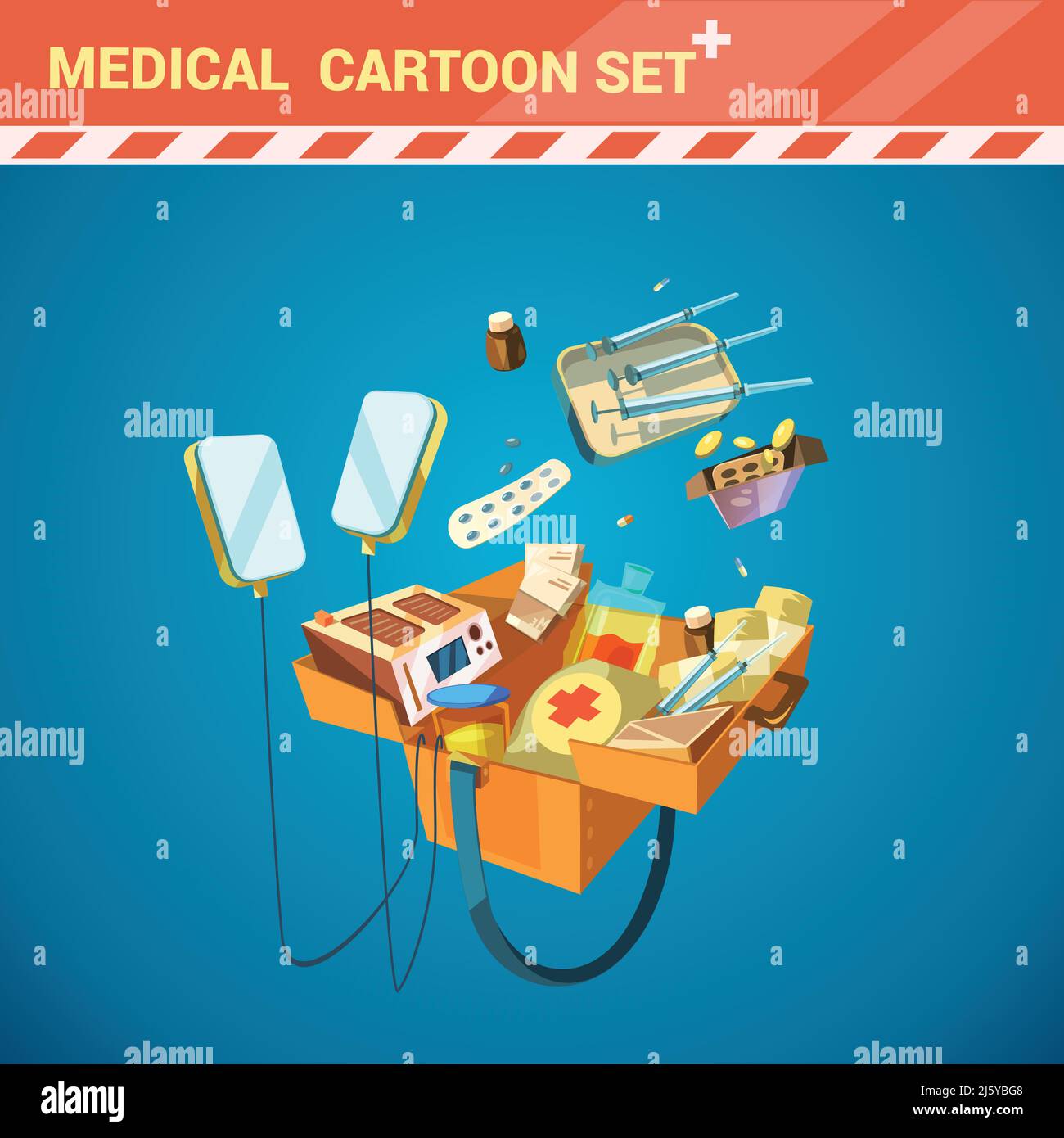 Hospital medical equipment cartoon set with syringe and pills vector ...