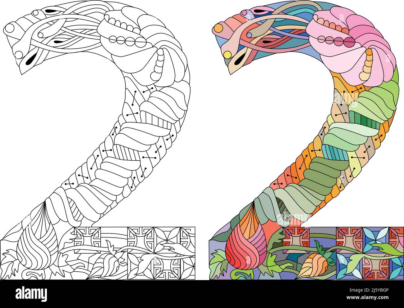 Two number Isolated zentangle illustration for decoration. Color and ...