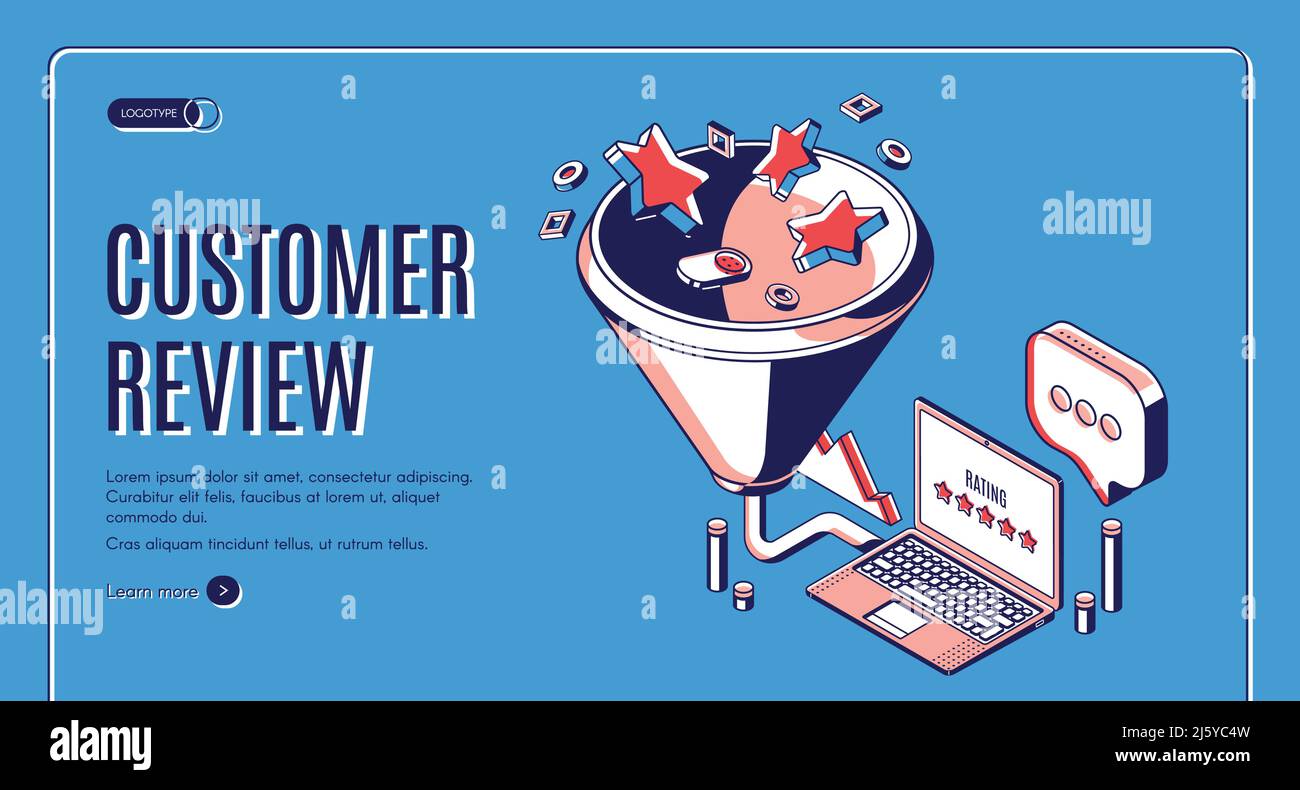 Customer review isometric landing page. Feedback and rating stars ...