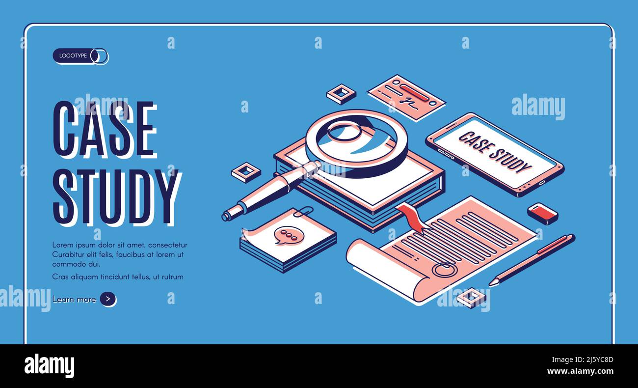 Case study isometric web banner. Business information research and ...