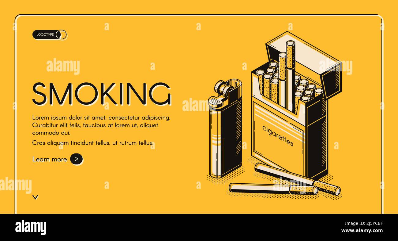Smoking activity isometric landing page, cigarettes package and lighter ...