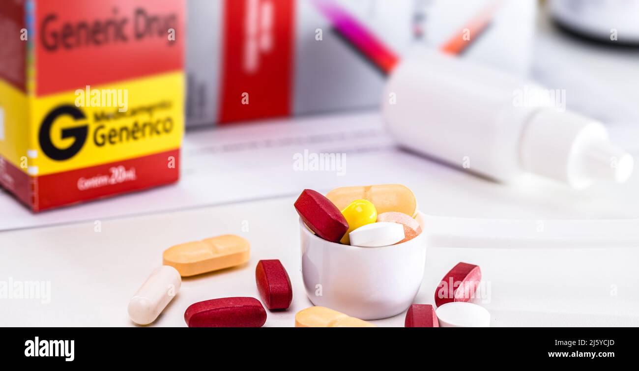 generic medicine, closeup of patent free medicine pills and capsules ...