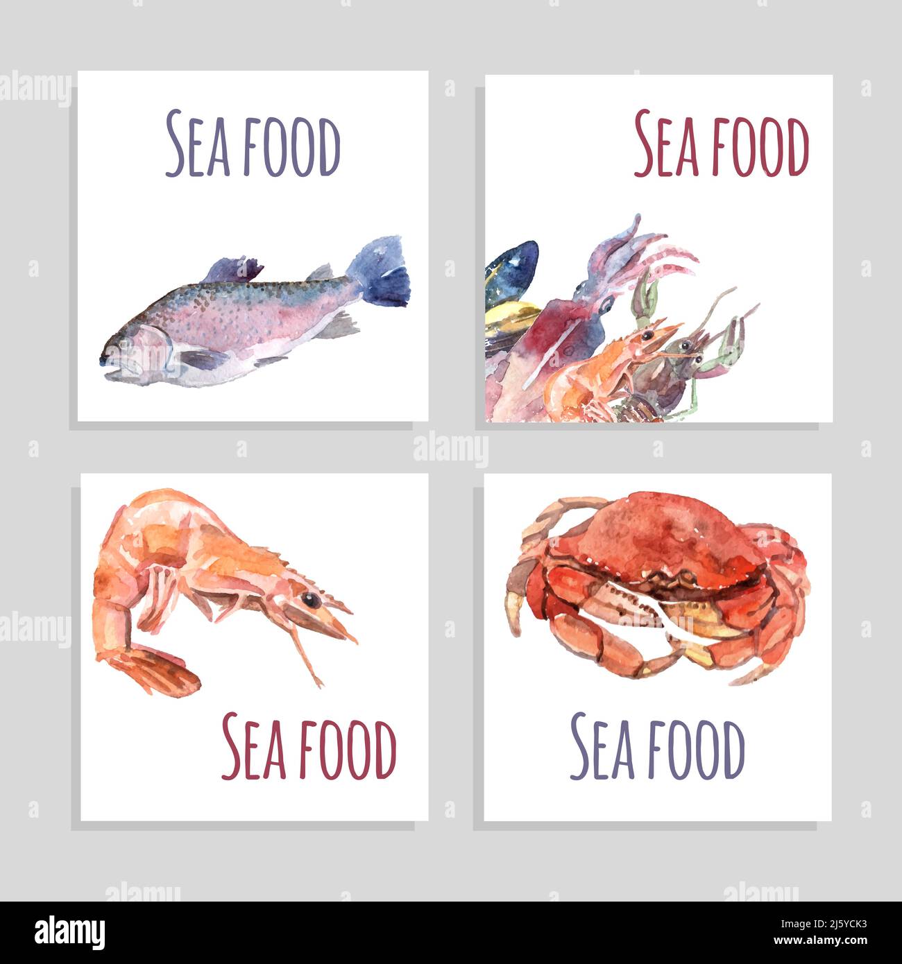 Seafood watercolor square banners set with crabs fish and shrimp ...