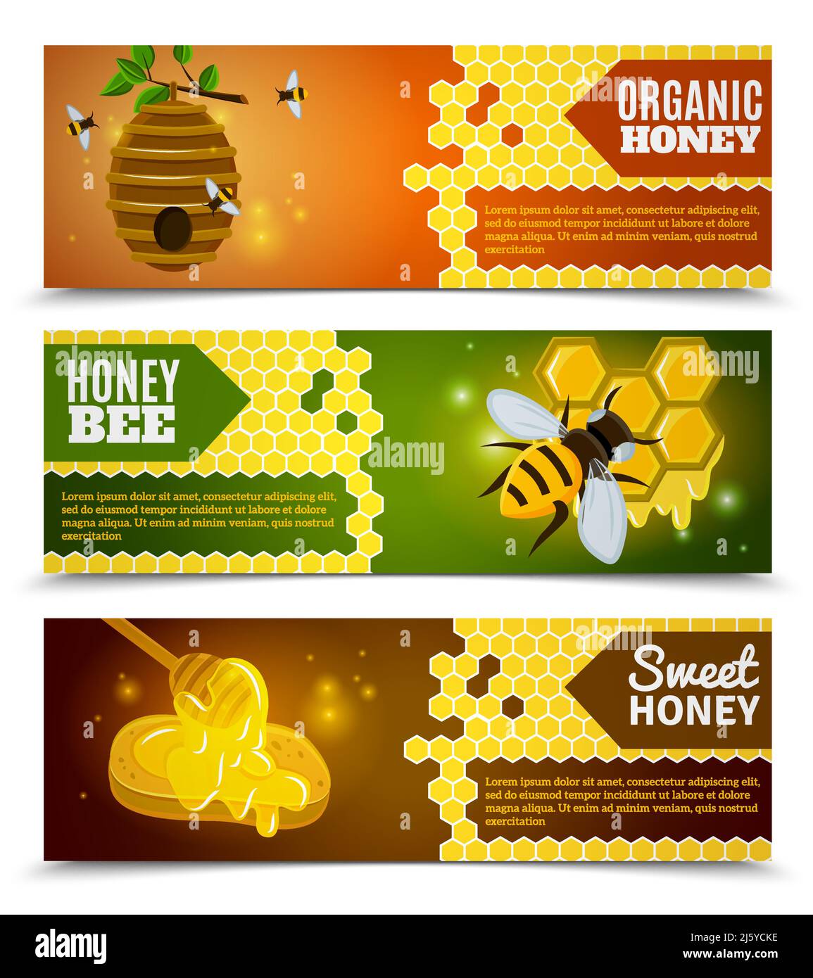 Honey horizontal banners set with bee organic and sweet honey symbols ...