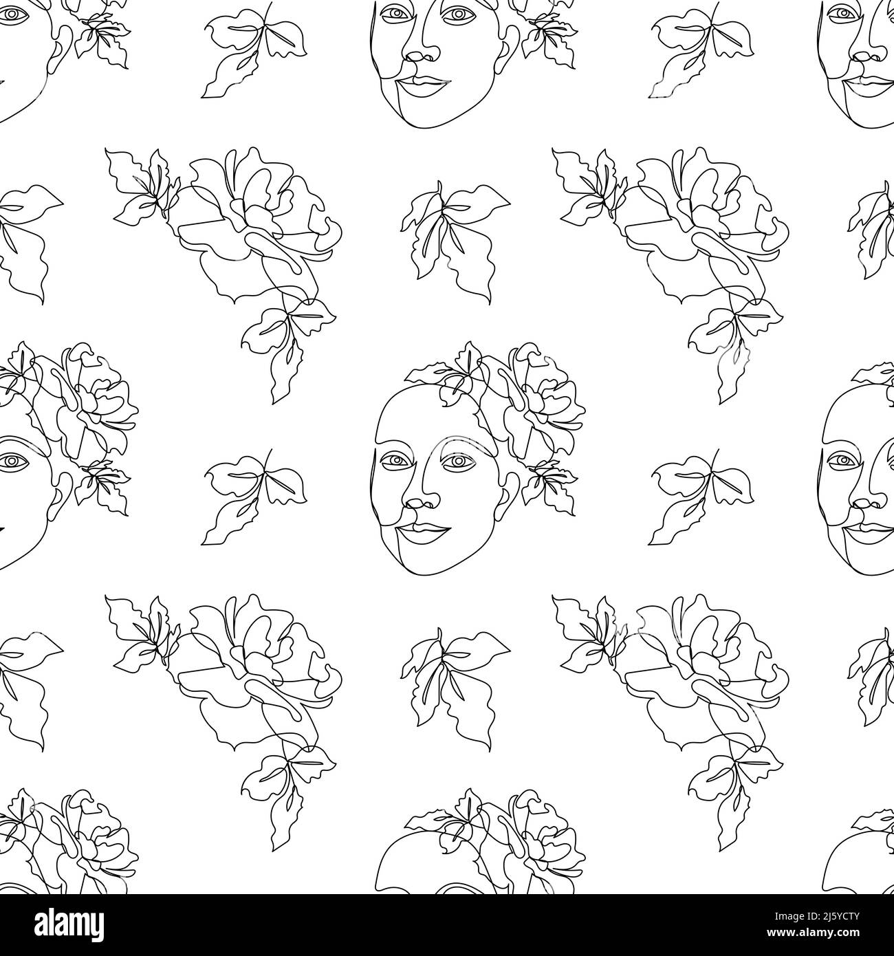 Seamless pattern with one single line drawings of female face and ...